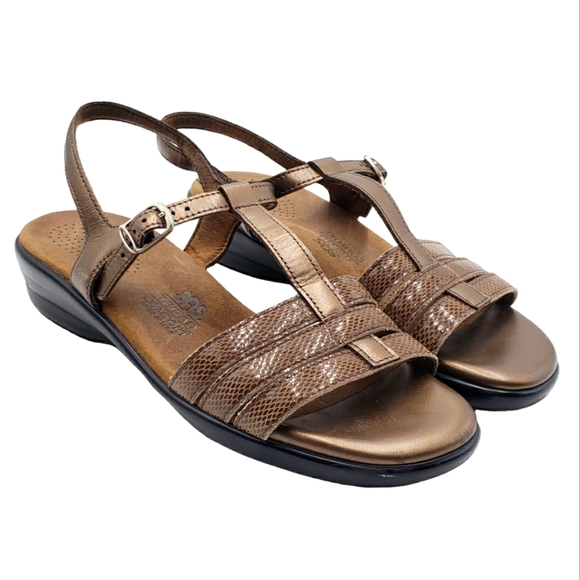 SAS | Shoes | Sas Capri T Strap Sandals Womens 8 Narrow Bronze Snake ...